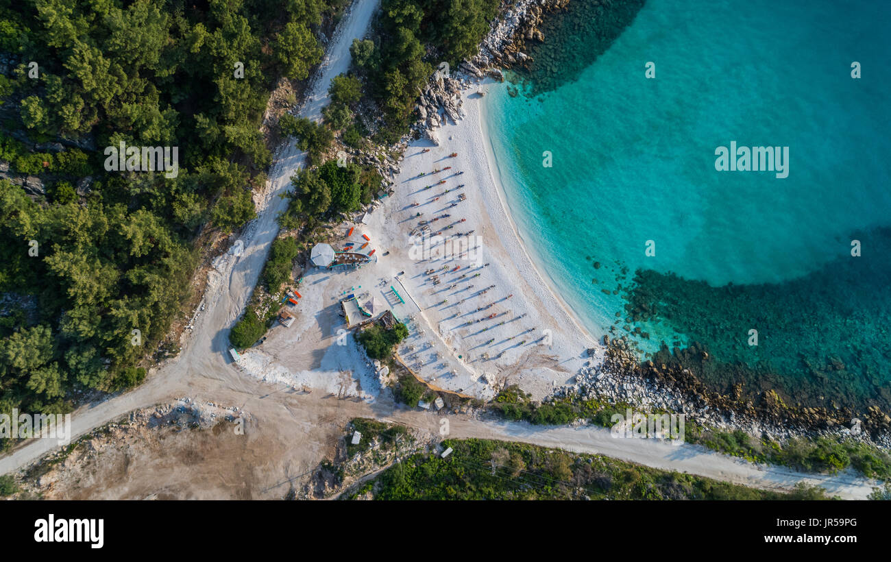Aerial view of Marble beach. The most beautiful white beach in Greece ...