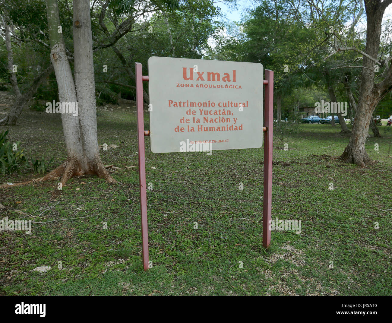 sign at the entrance to Mayan ruins at Uxmal in the Yucatan, Mexico ...