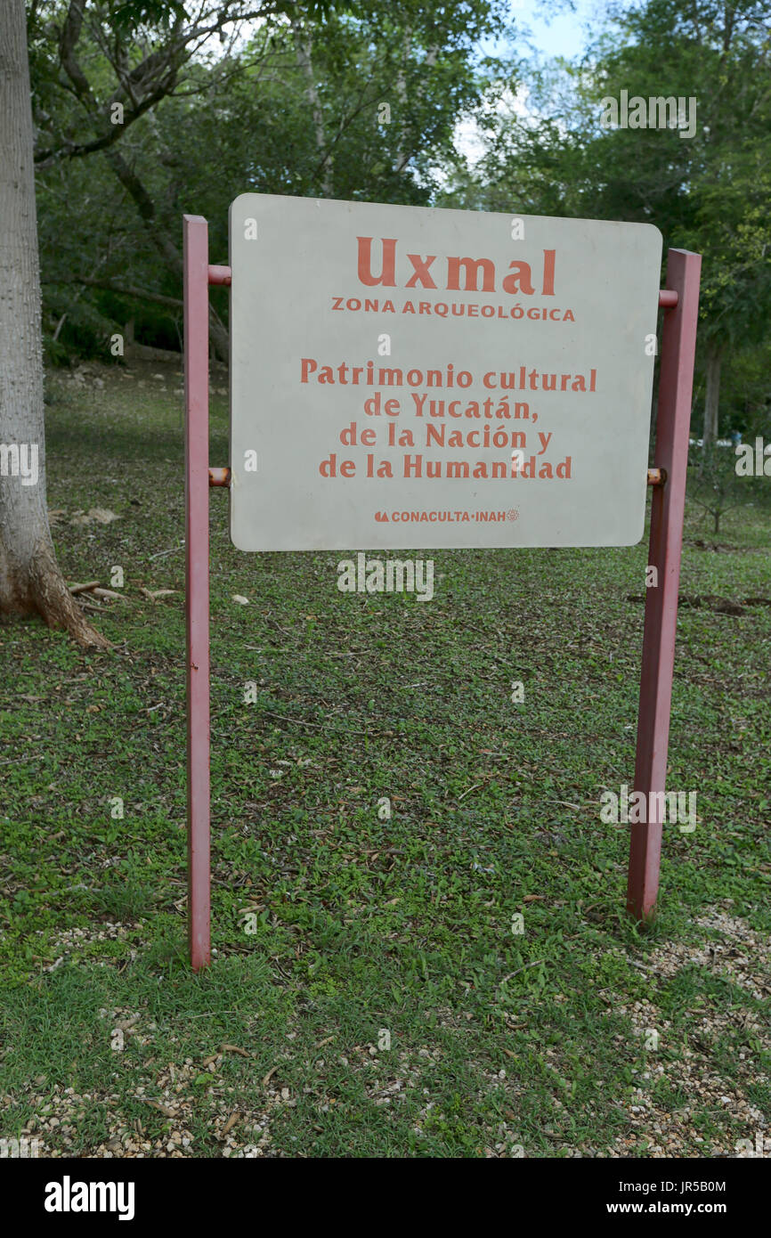 sign at the entrance to Mayan ruins at Uxmal in the Yucatan, Mexico ...