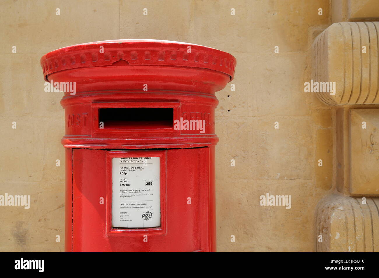 Red, British style, post box, on Merchant Street, in Valletta, Malta ...