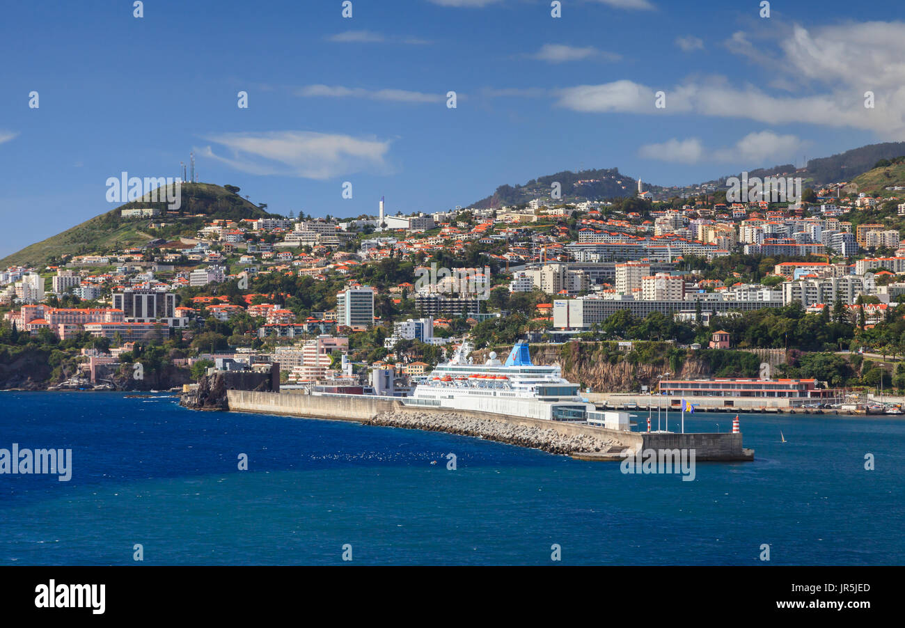The harbour in Funchal on the Portuguese island of Madeira. Cruise ship ...
