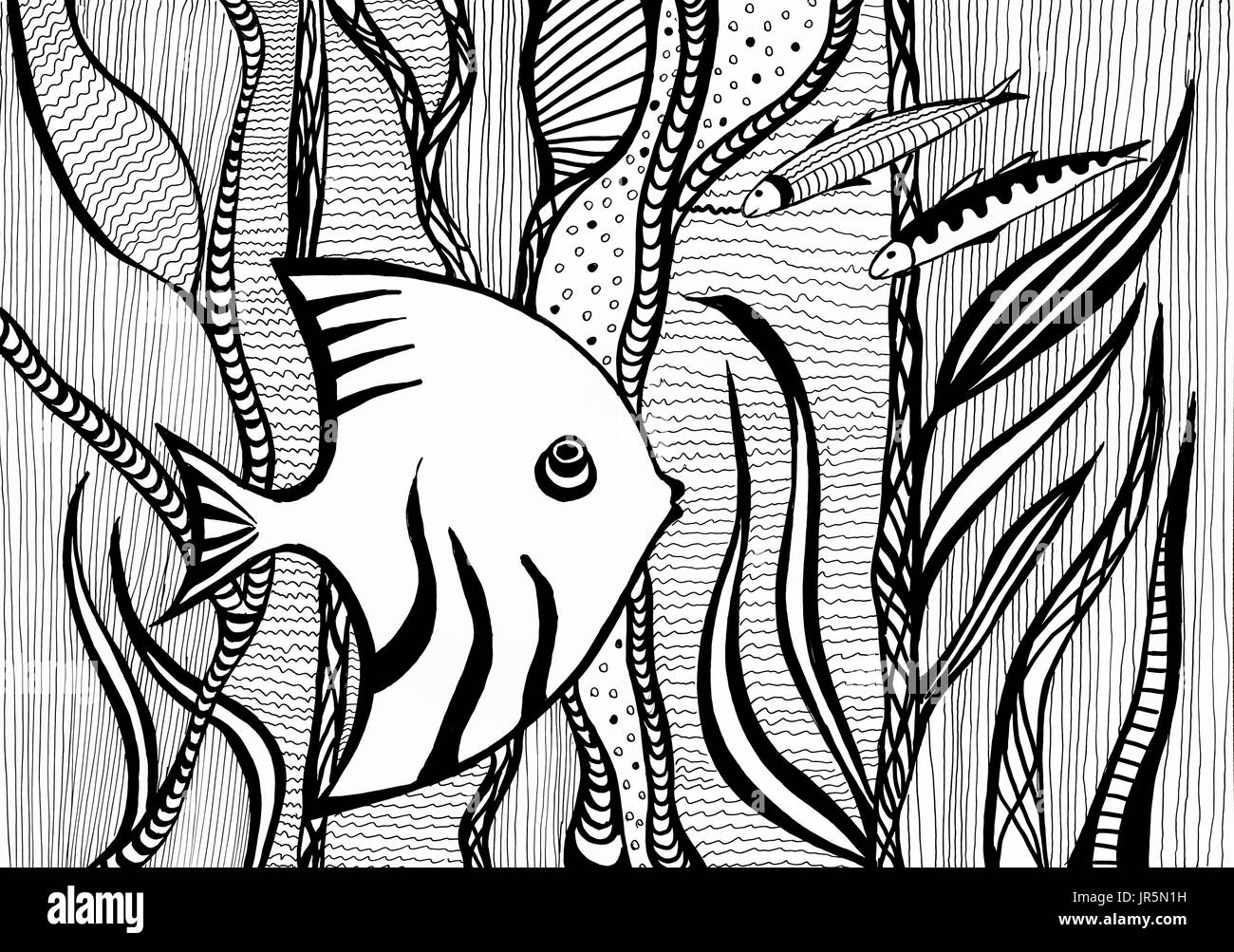hand painted angelfish between algae under water in sea drawn by black ...