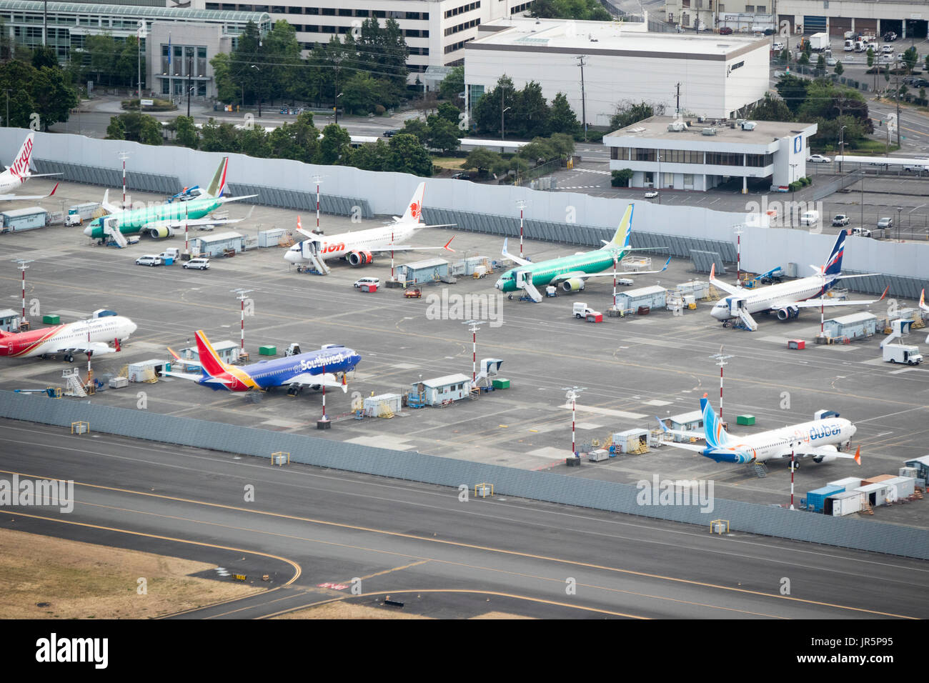 Aerial view of Boeing 737 airplanes under construction at Boeing Field ...