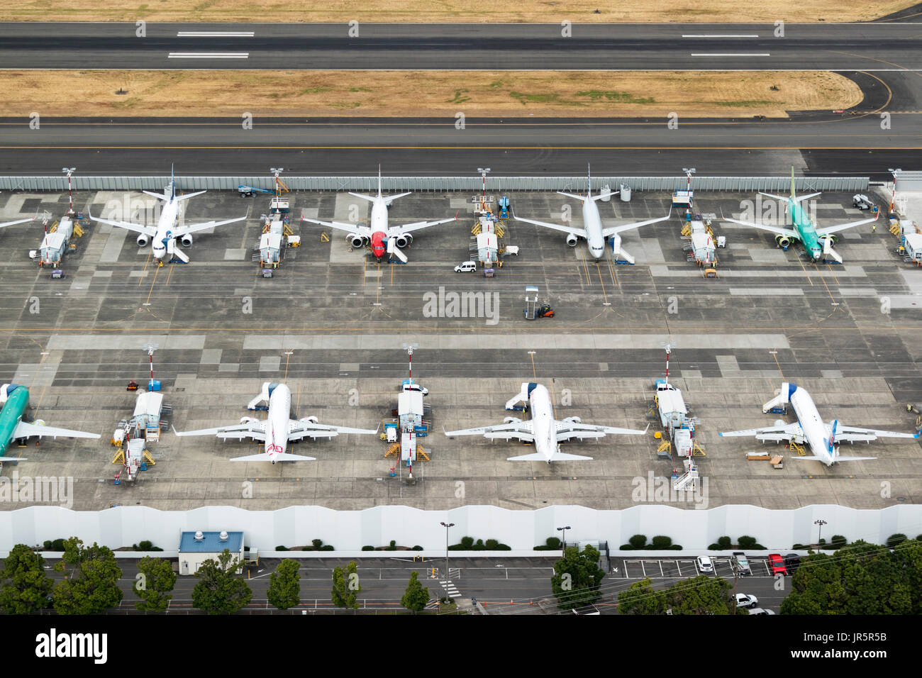 Aerial view of Boeing 737 airplanes under construction at Boeing Field ...