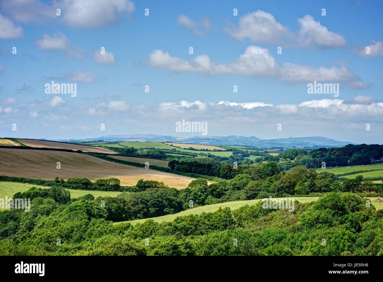 Far reaching horizontal landscape of vivid Cornish coastal farmland on ...