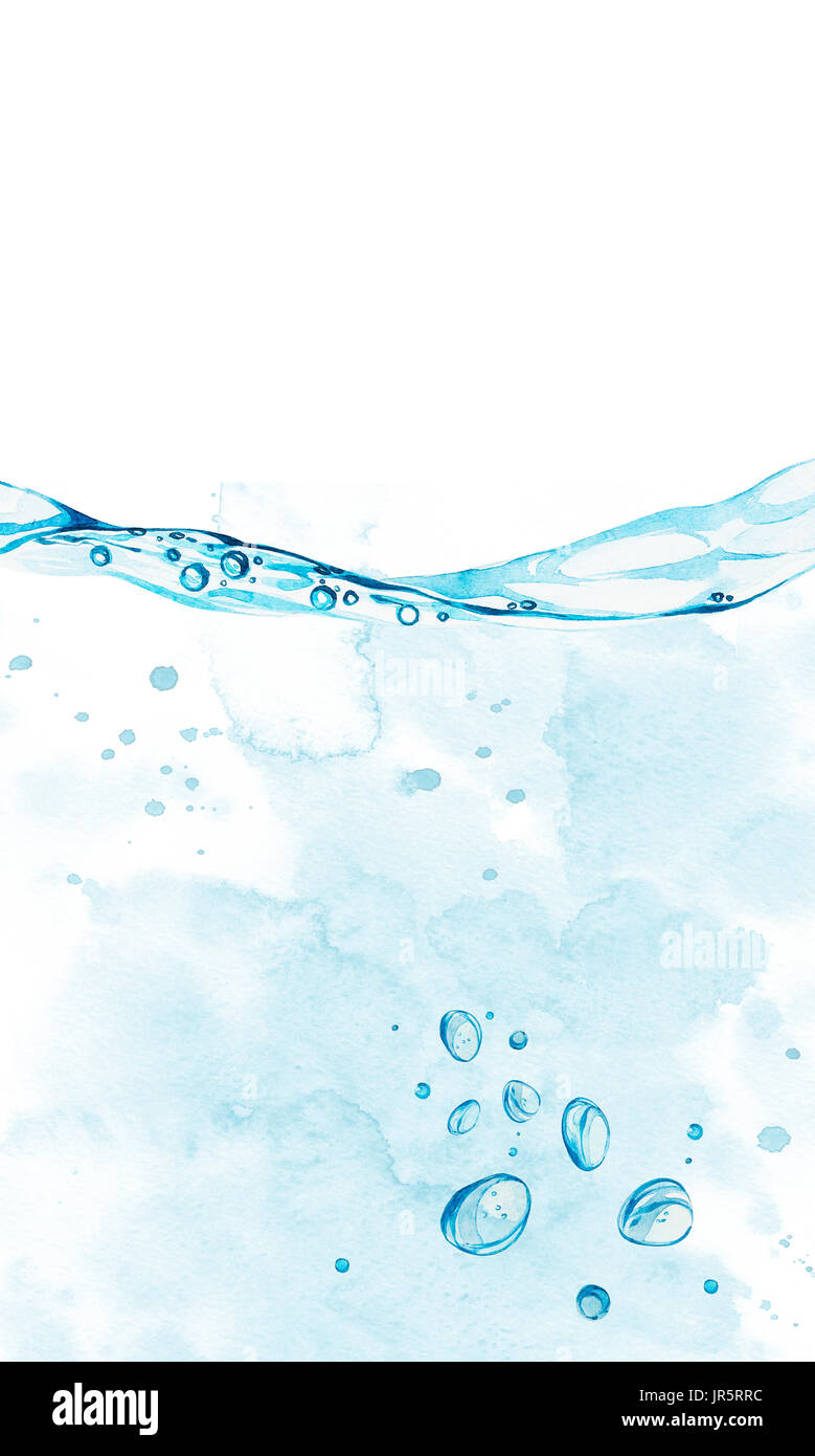 Water background with bubbles and water line. Watercolor hand drawn ...