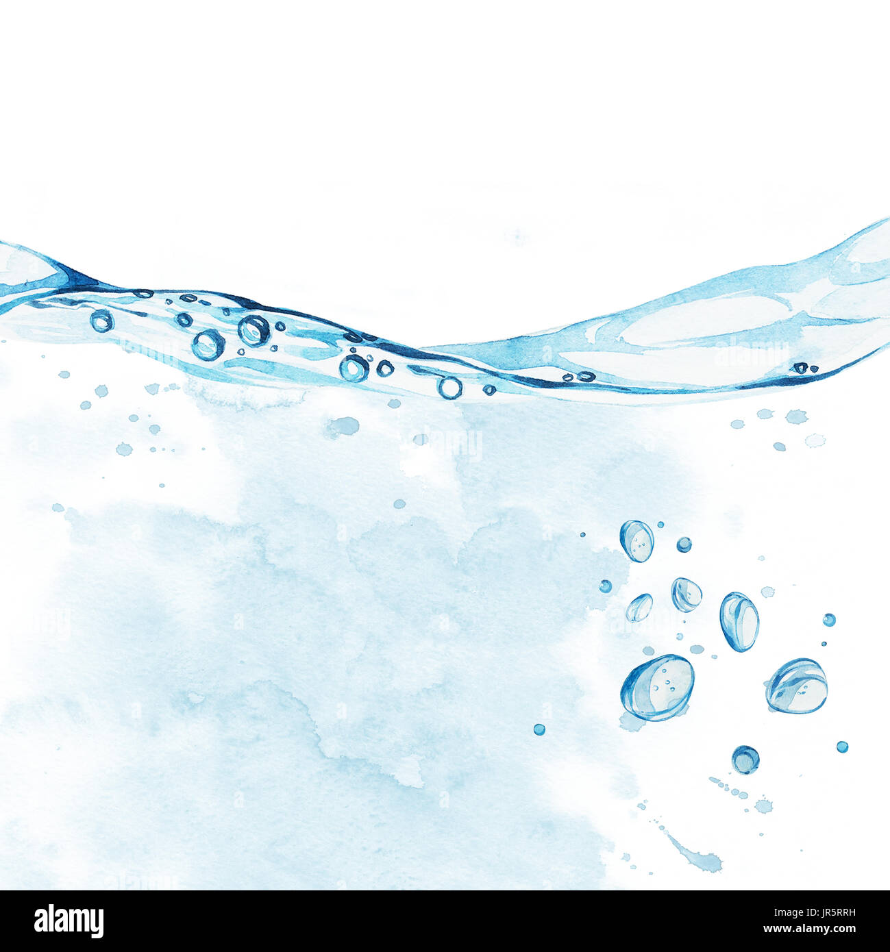 Water background with bubbles and water line. Watercolor hand drawn ...