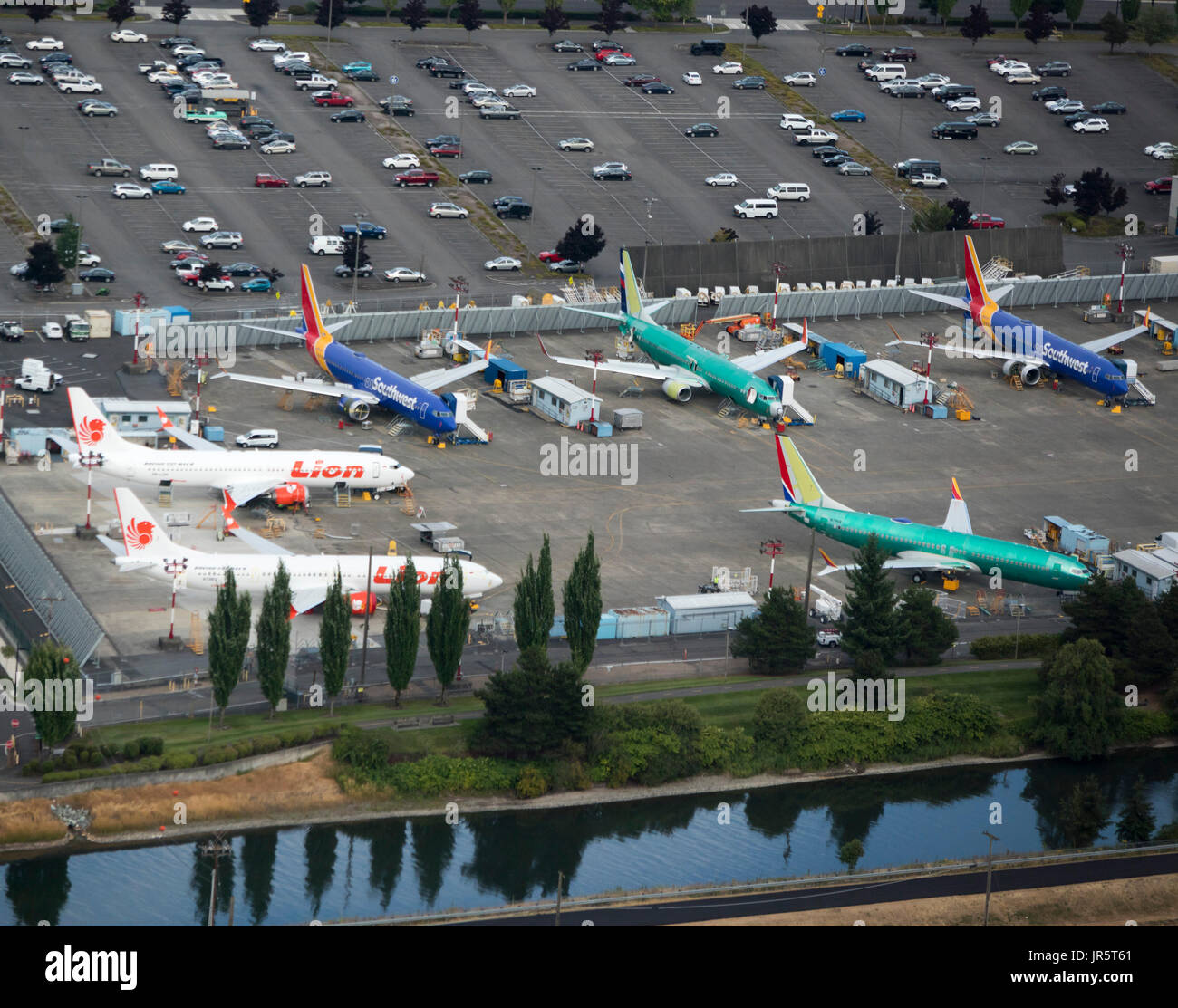 Aerial view of Boeing 737 MAX airplanes under construction at Renton ...