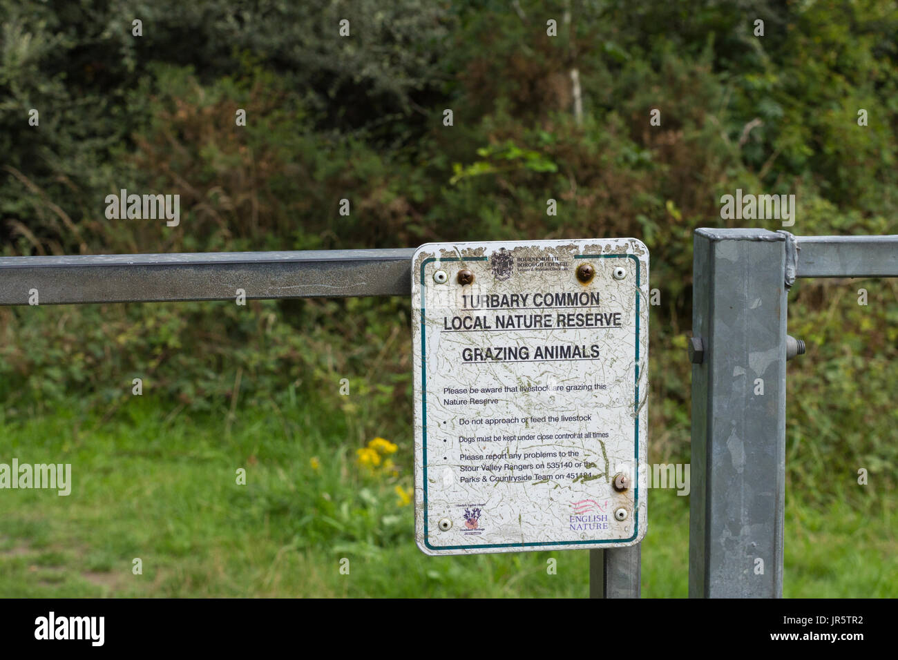 Turbary Common Local Nature Reserve, grazing animals notice on gate ...