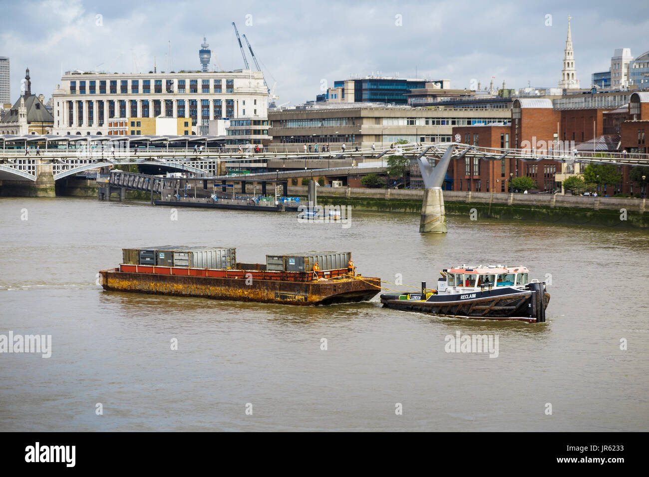 Panoramic view of Cory Riverside Energy London Reclaim tug boat pulling ...