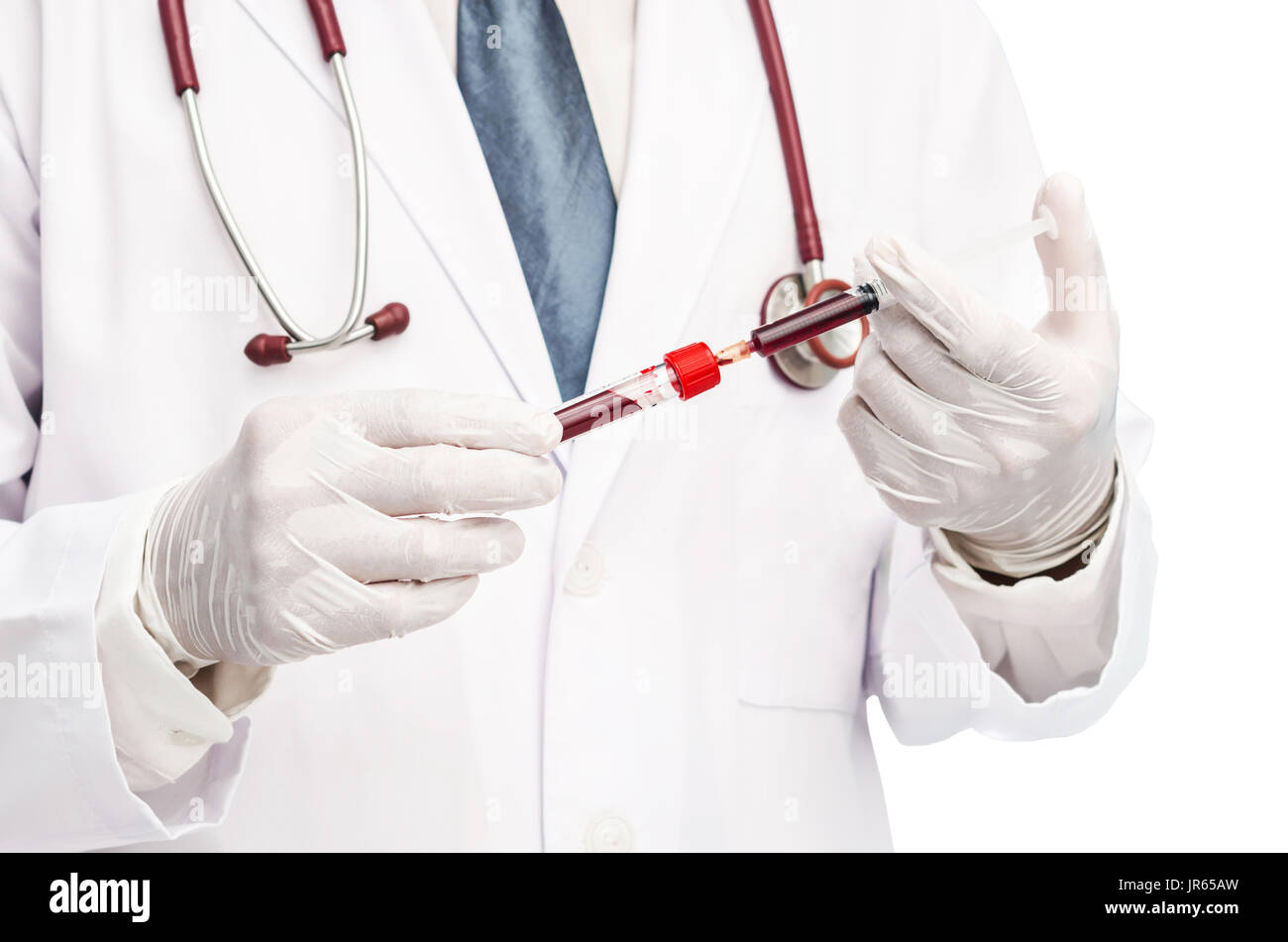 cropped shot of doctor taking blood sample from syringe to blood tube ...