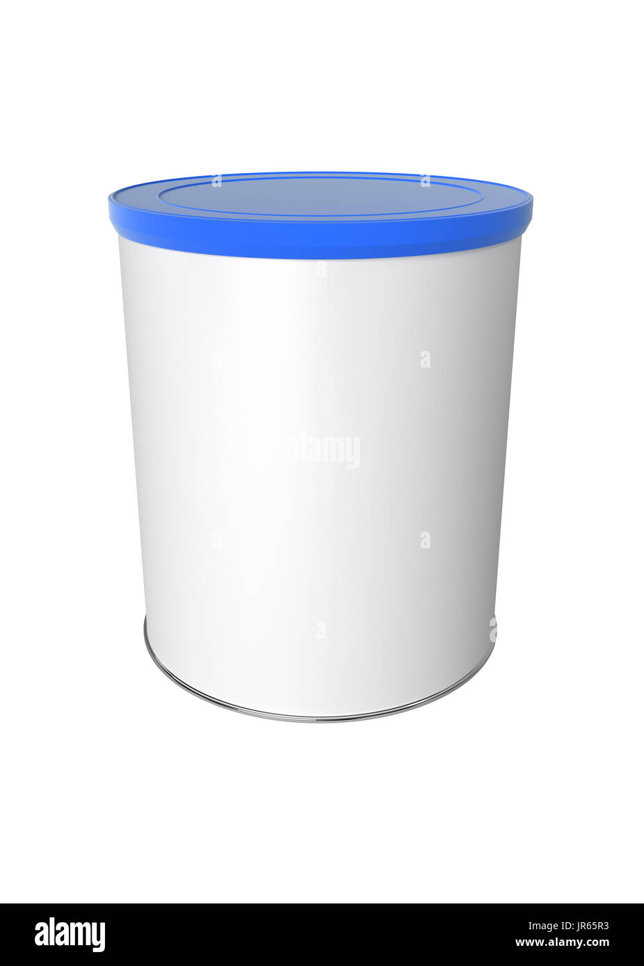 3D realistic render, Round white tin can with blue plastic lid ...