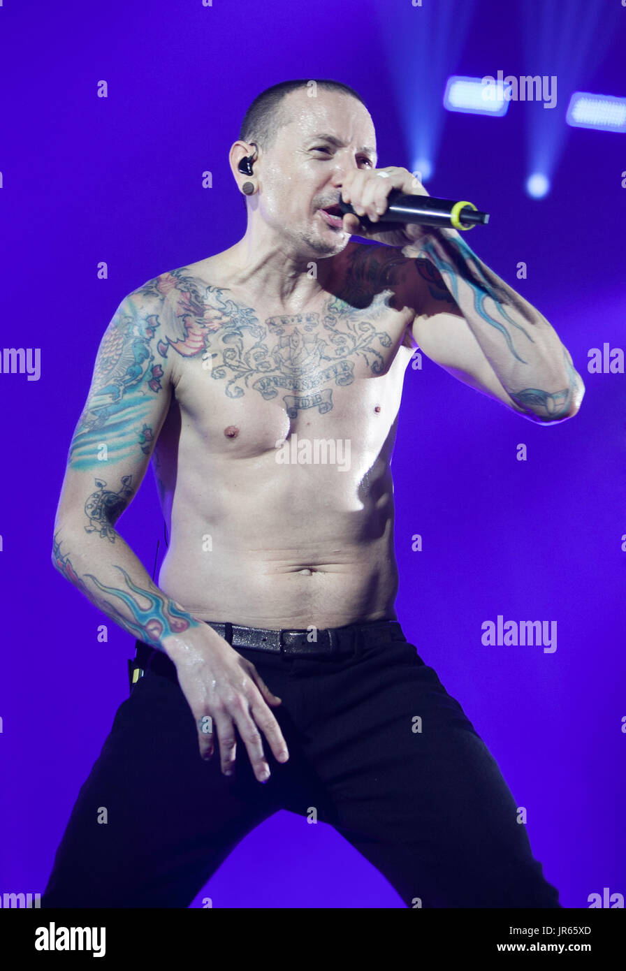 Linkin Park live onstage at The O2 Arena, London, as part of their One ...