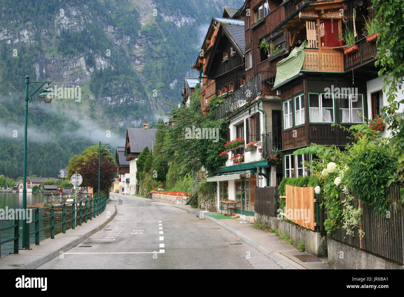 Lake Street of Hallstatt village in the Salzkammergut, a region in the ...