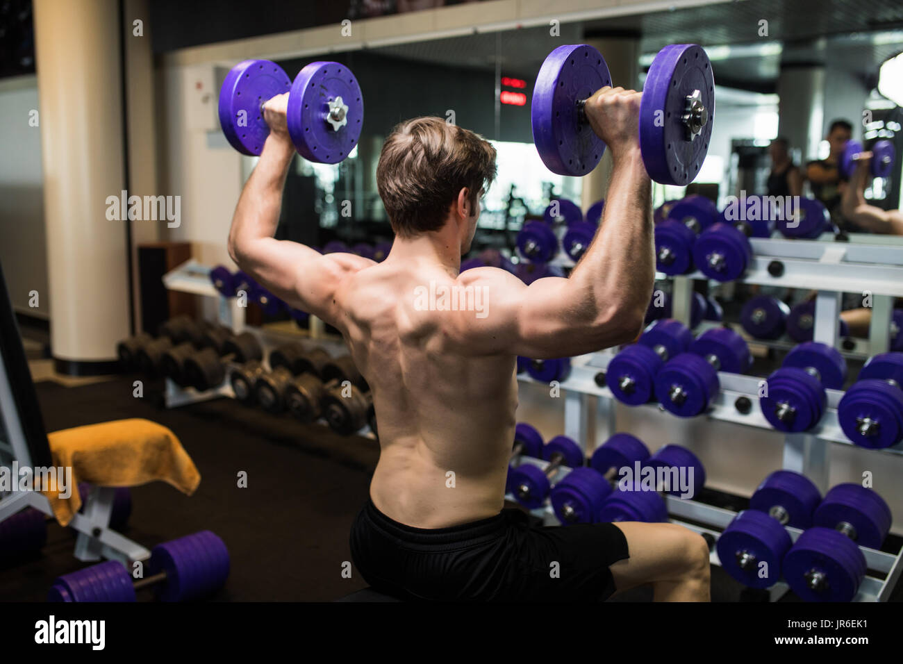 Rear view of a young male bodybuilder doing heavy weight exercise with ...