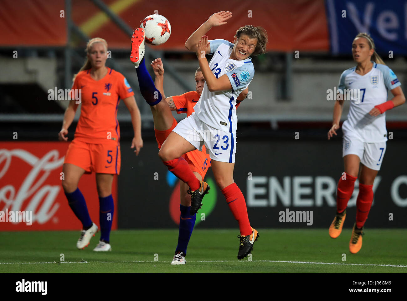 Netherland's Sherida Spitse (centre left) and England's Francesca Kirby ...