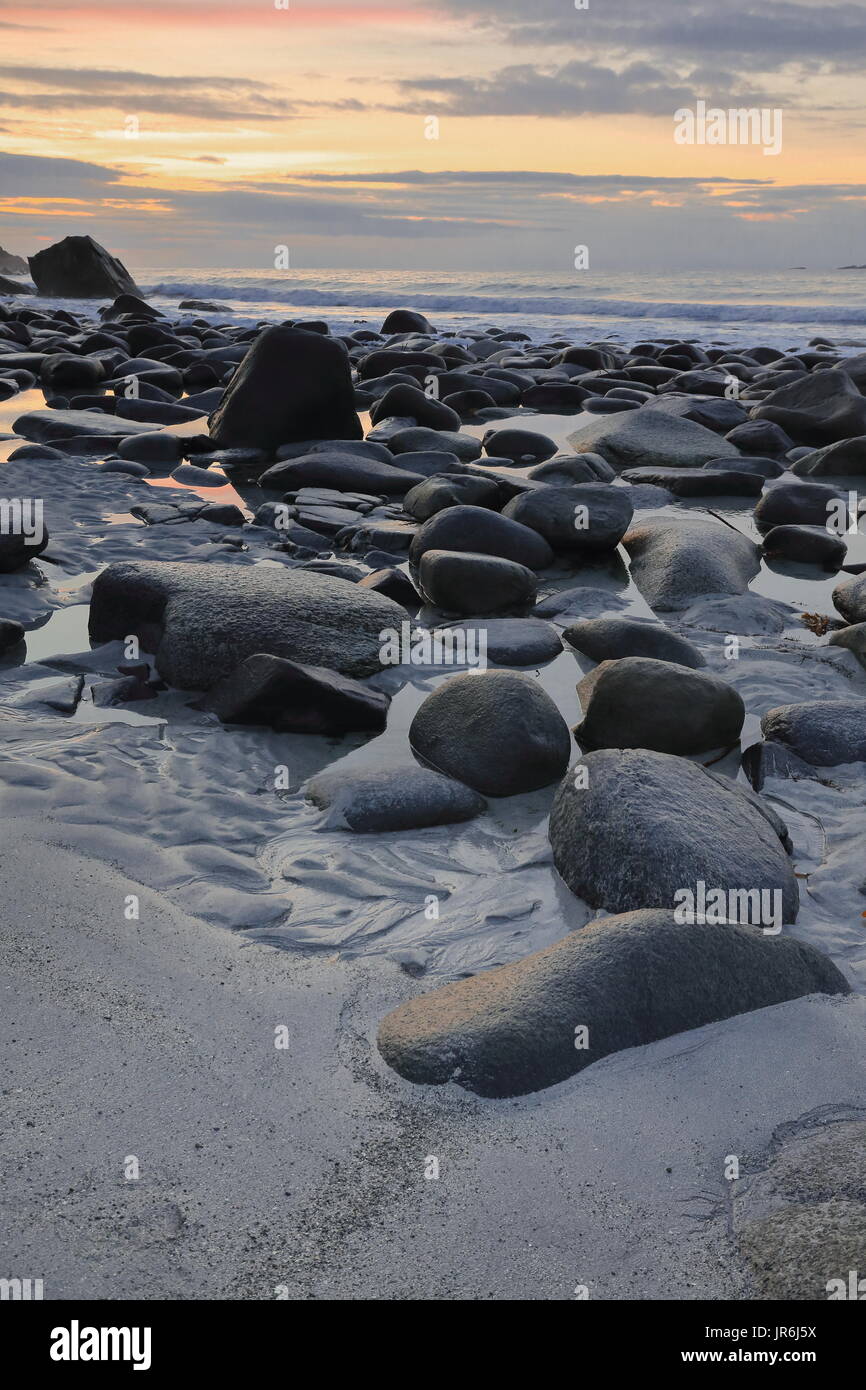 Utakleiv beach-NWwards view to the open ocean over the big boulders of ...