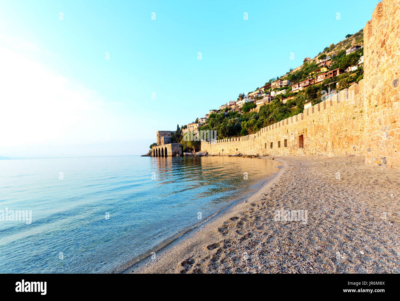 Seascape with Alanya castle wall and medieval shipyard shot with ...