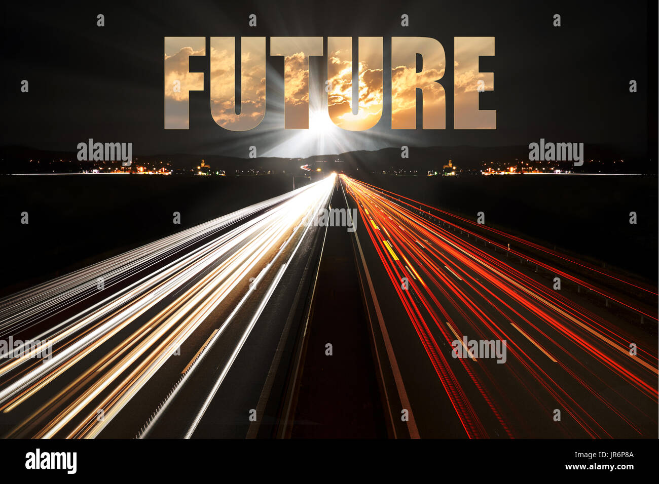 Light trails on highway symmetrical, way into the future Stock Photo ...