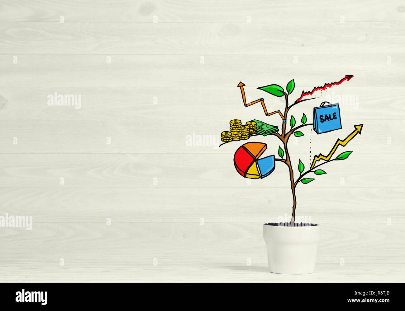 Drawn income tree in white pot for business investment savings and ...