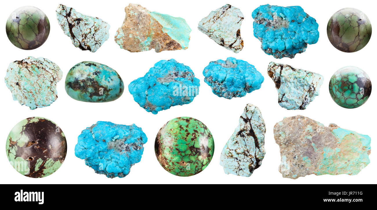 collection of various natural turquoise gemstones isolated on white ...