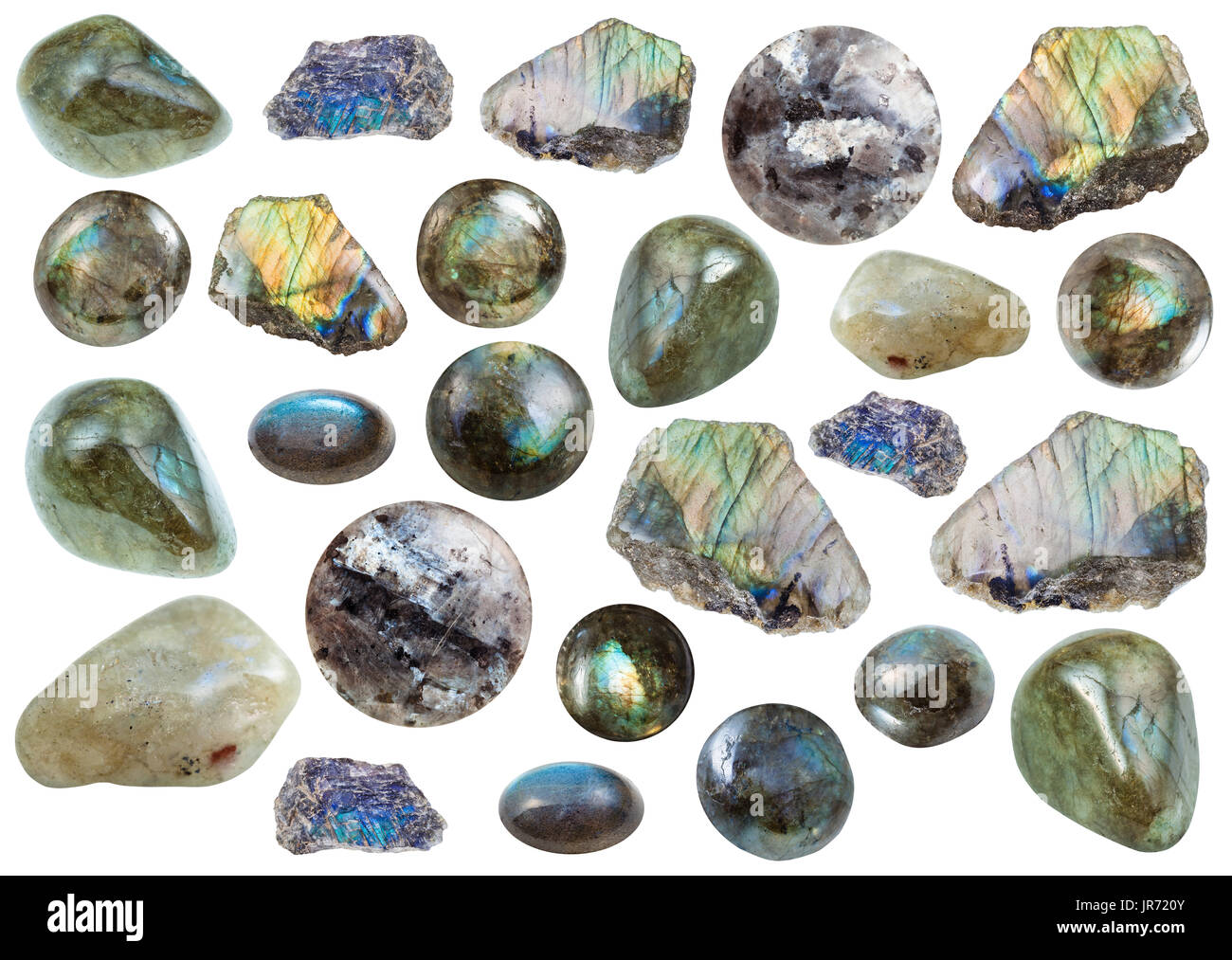 collection of various labradorite (labrador) gemstones isolated on ...