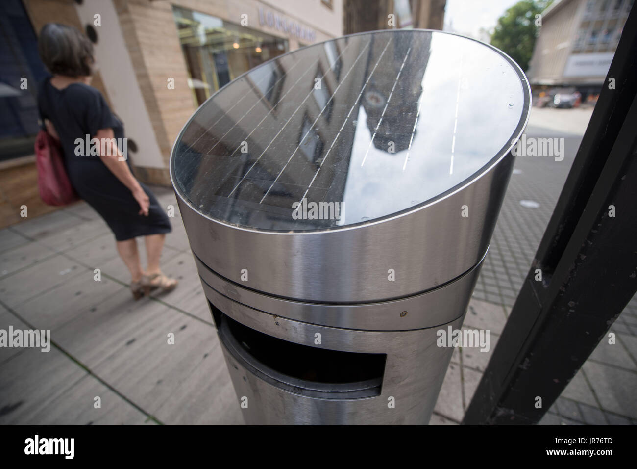 A solar-powered rubbish bin Stuttgart, Germany, 2 August 2017. The bin ...