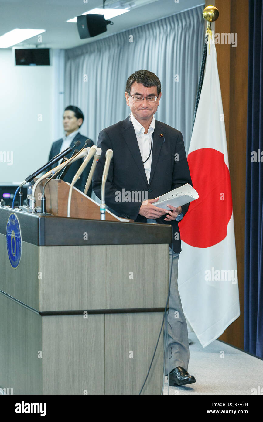 Japan's new Foreign Minister Taro Kono attends a news conference at the ...