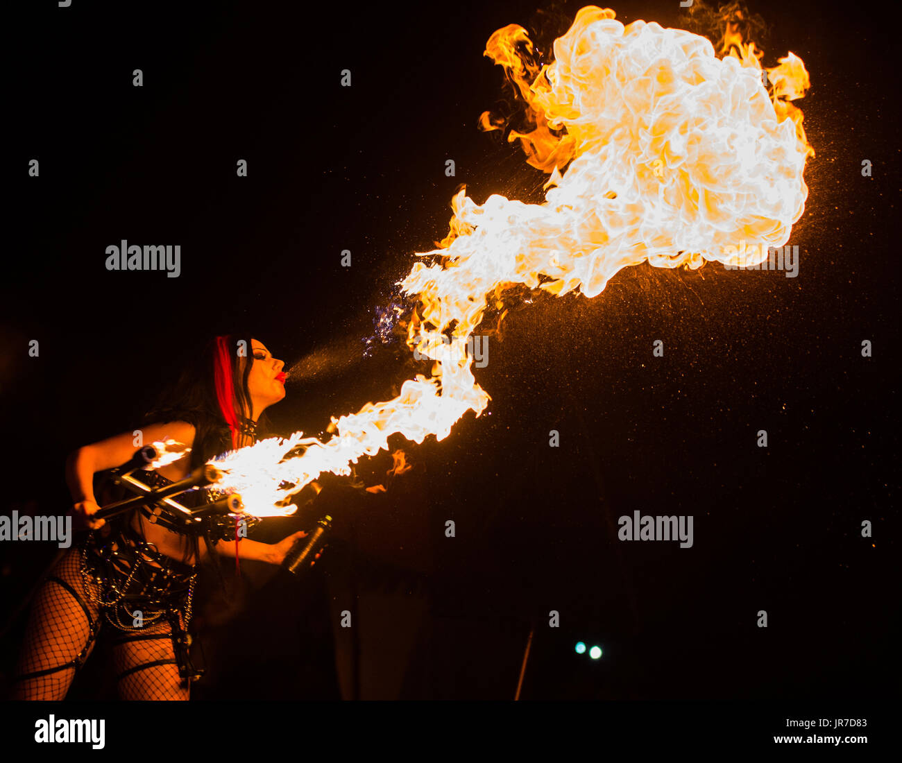 Wacken, Germany. 3rd Aug, 2017. A performer of the group "Pyrohex" is ...