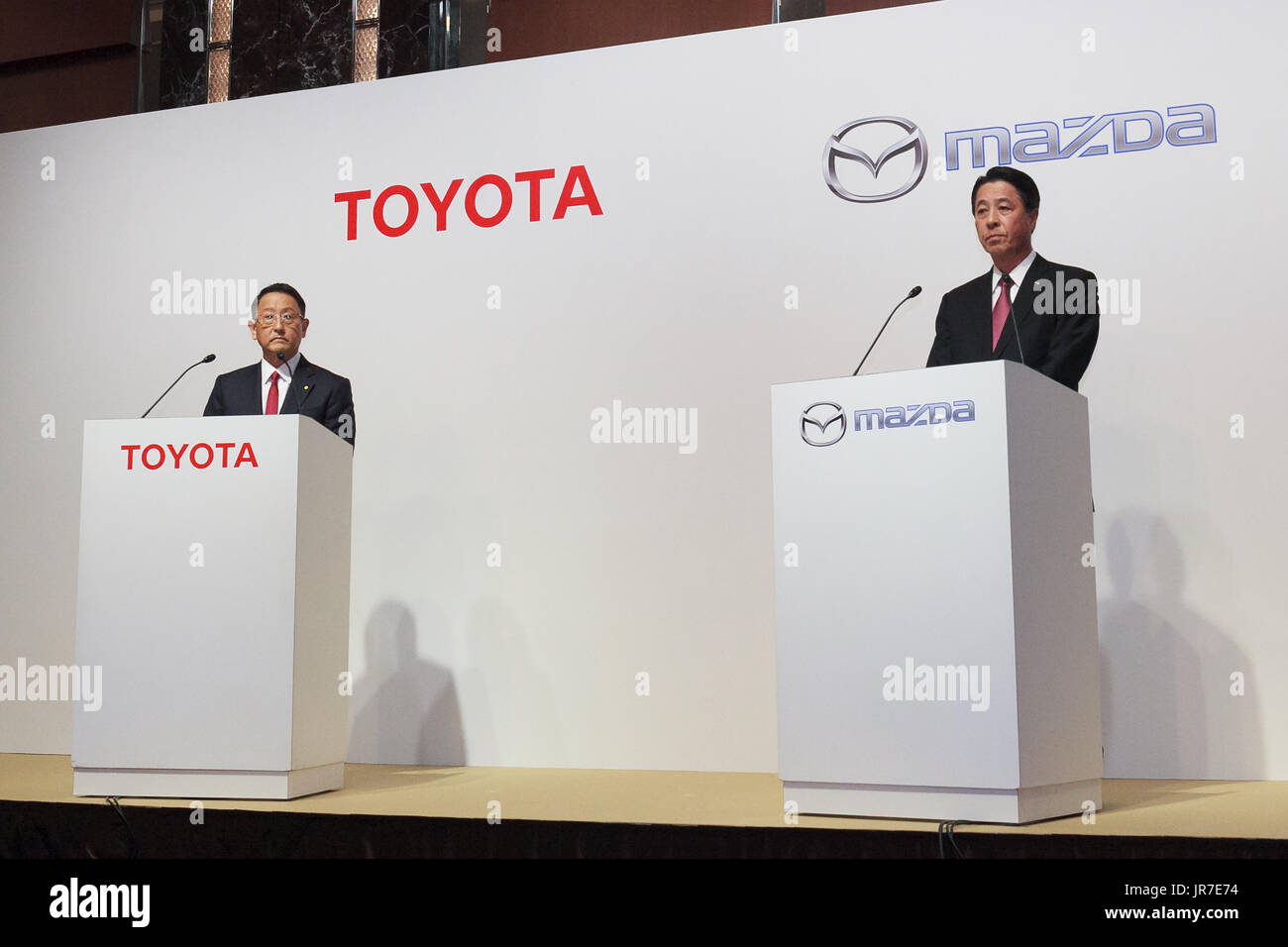(L to R) Toyota Motor Corporation President Akio Toyoda and Mazda Motor ...