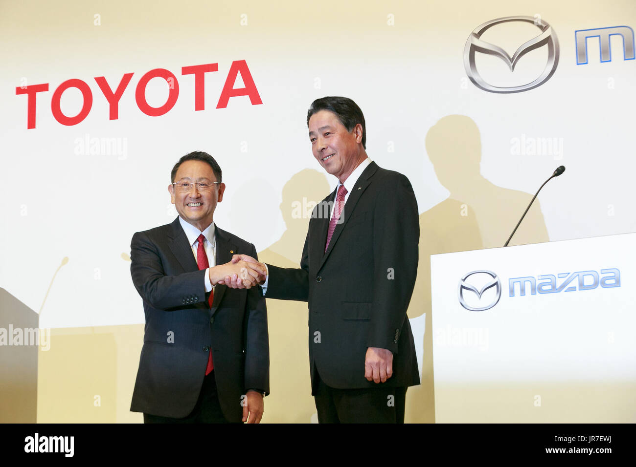 (L to R) Toyota Motor Corporation President Akio Toyoda and Mazda Motor ...
