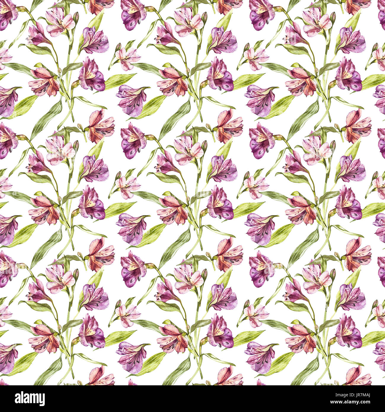 Watercolor illustrations of lily flowers. Seamless pattern Stock Photo ...