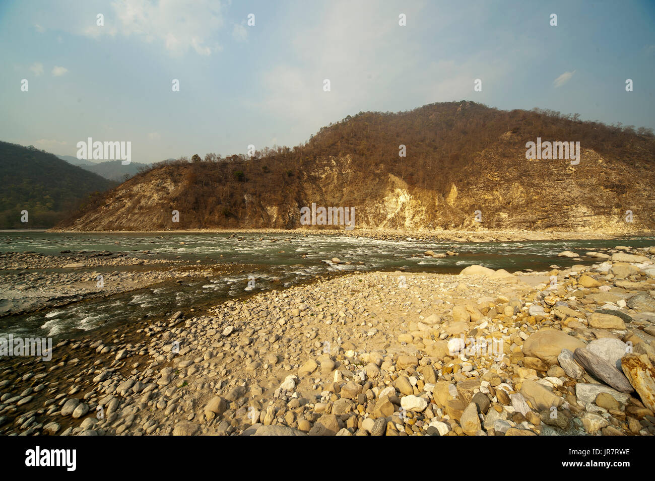 Confluence of Sarda and Ladhya rivers, Kumaon hills, with Sem village ...
