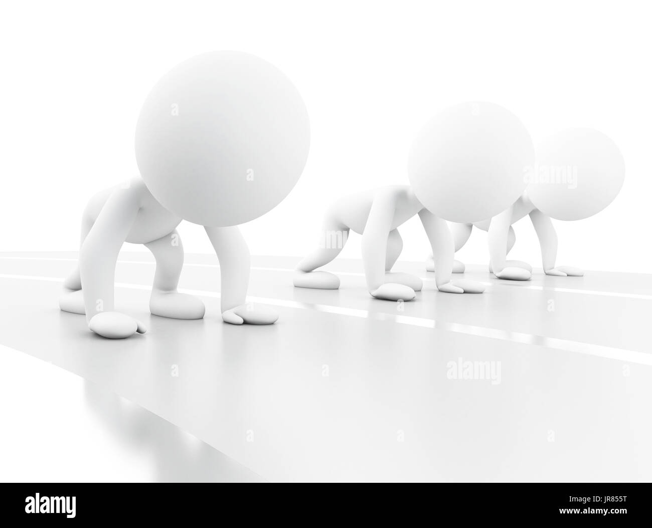 3d illustration. White people at starting line. Isolated white ...