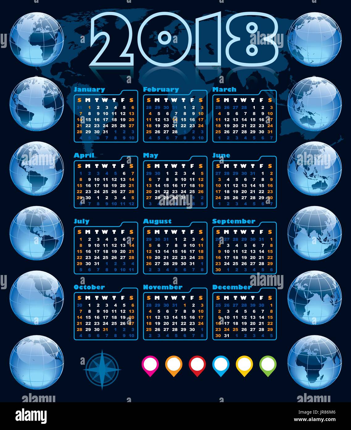 Calendar for 2018, weeks starts on Sunday and set of globes showing ...