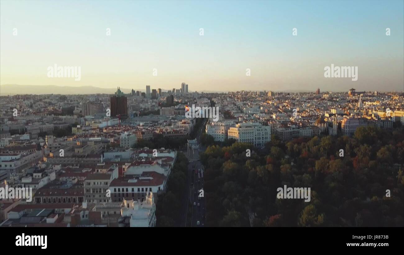 Fly over the evening Madrid with a view of the house and the road Stock ...