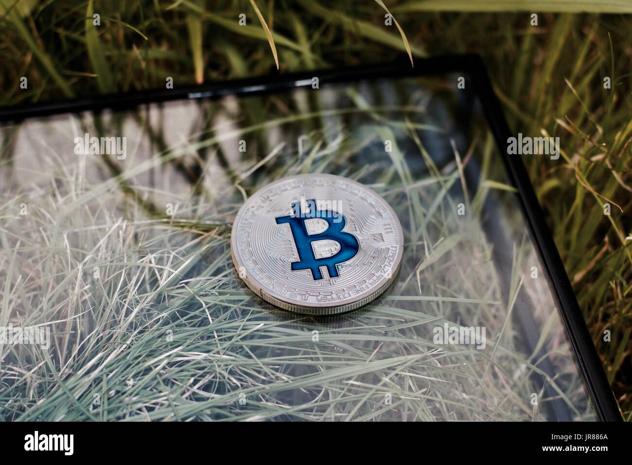 Digital currency physical metal bitcoin coin. Virtual money concept ...