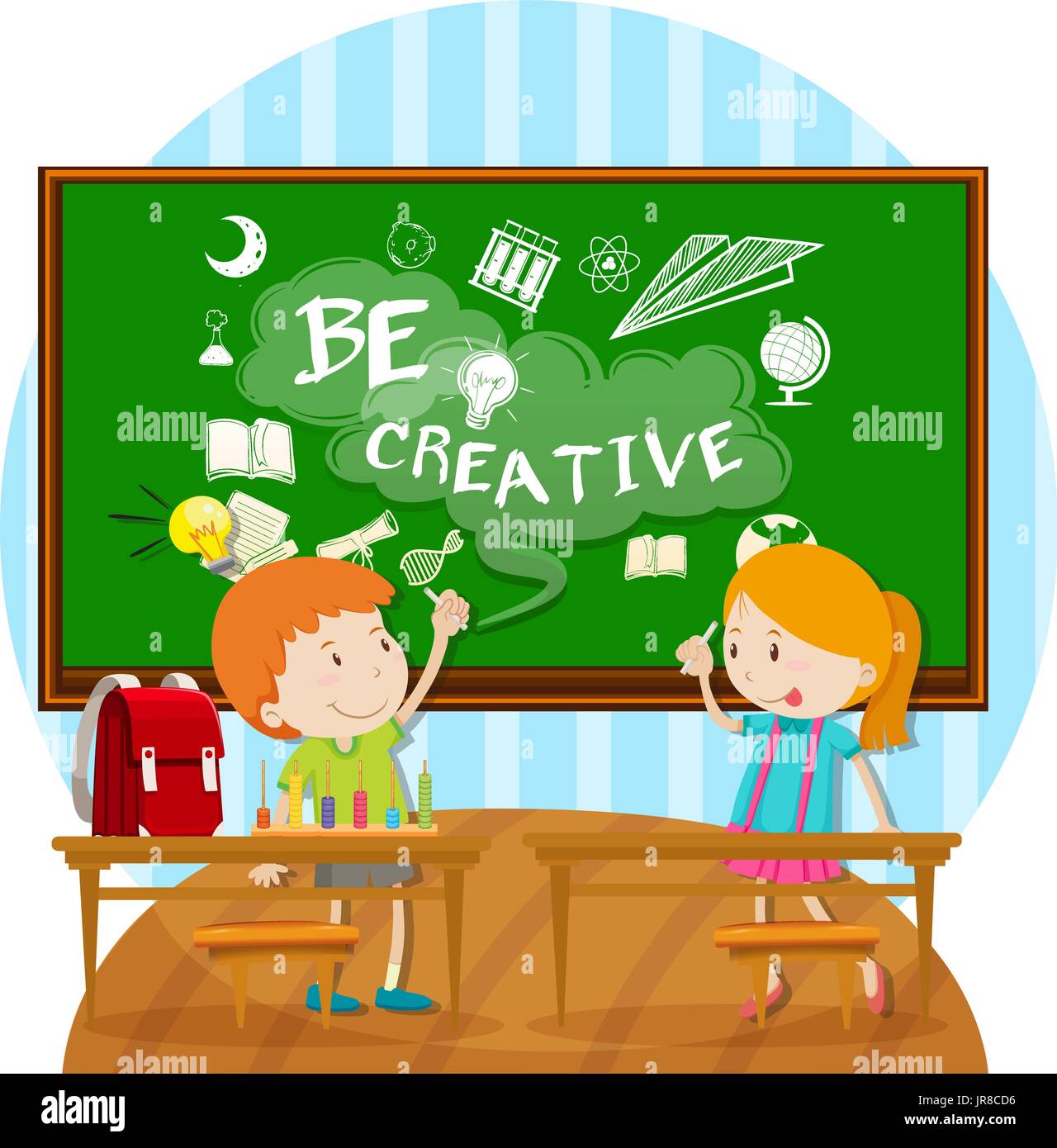 Two kids writing on board in classroom illustration Stock Vector Image ...