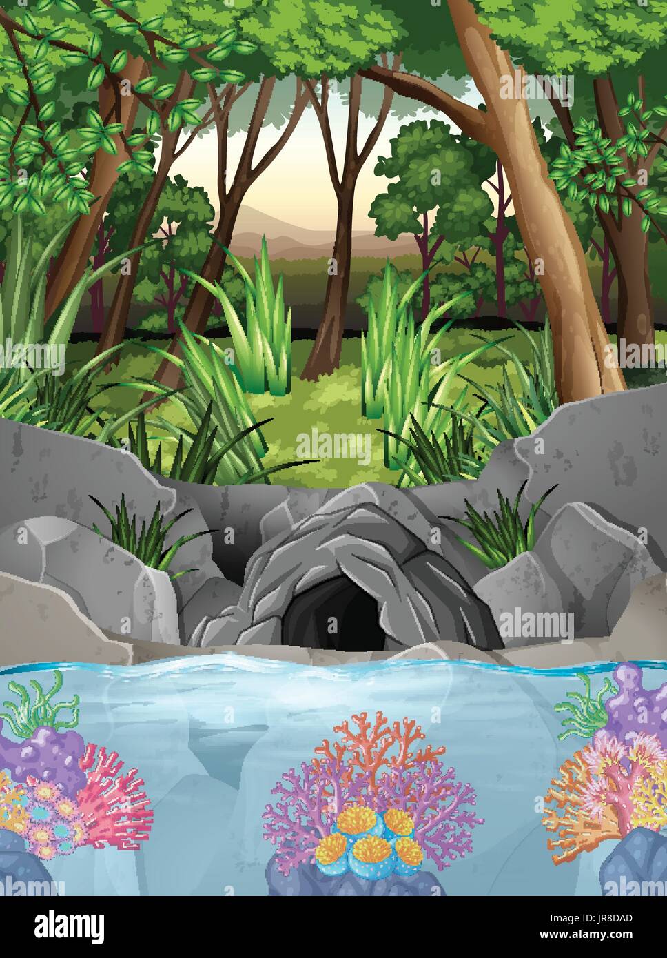 Forest scene with cave and trees illustration Stock Vector Image & Art ...