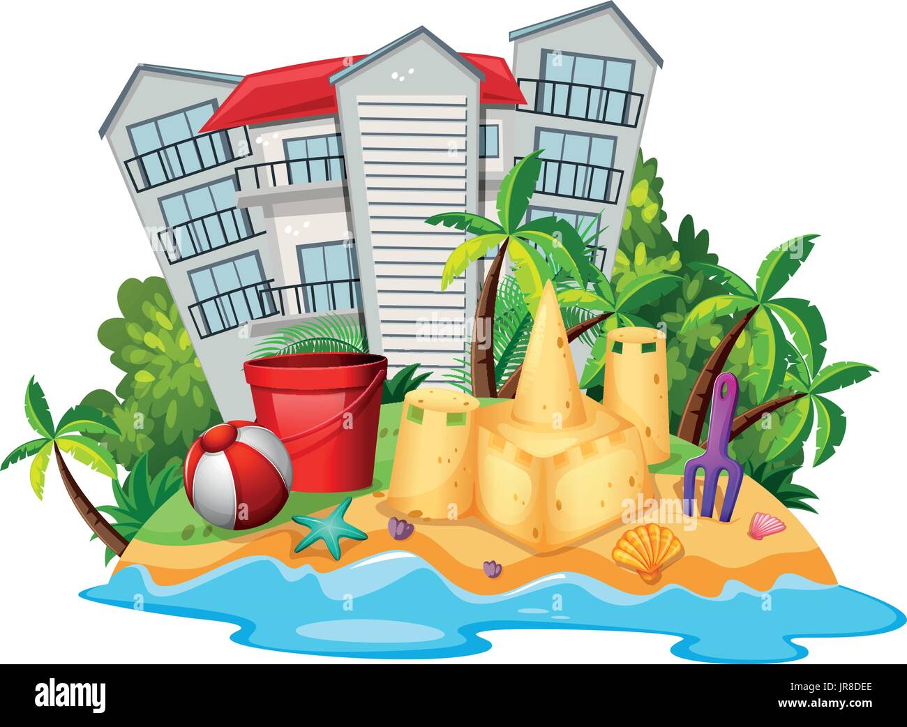 Summer theme with sandcastle on beach illustration Stock Vector Image ...