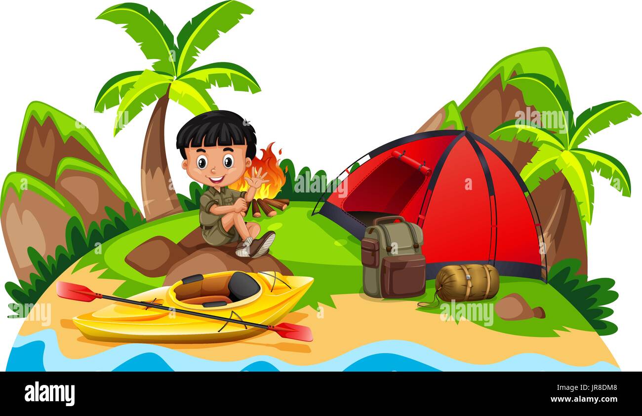 Little boy camping out on island illustration Stock Vector Image & Art ...