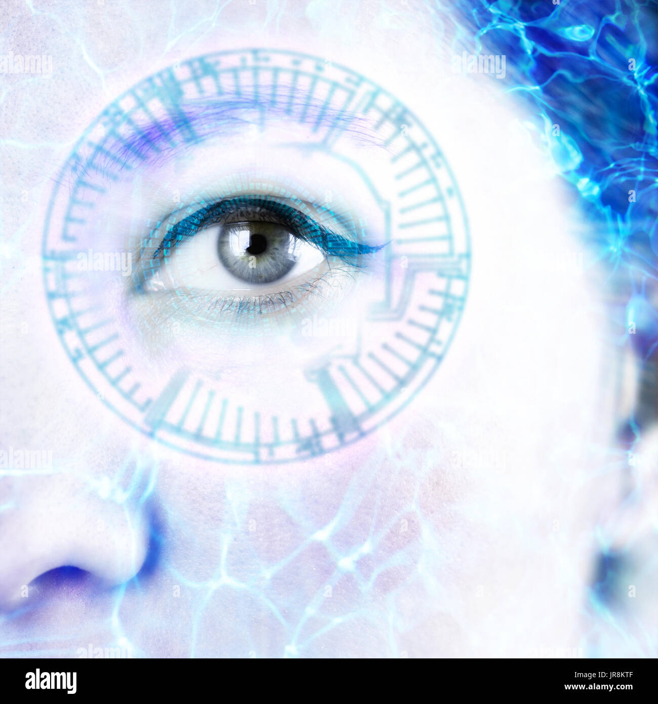 Young woman with a HUD Virtual Reality augmentation HUD display on her ...