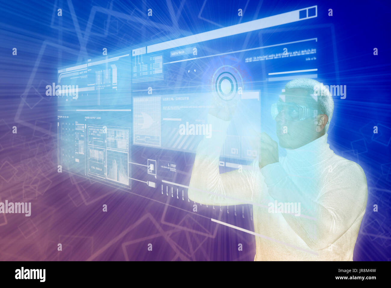 Virtual reality digital effect of a man using a HUD blue swipe display ...