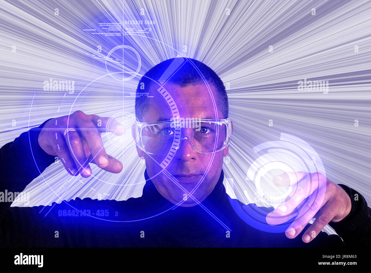 Man wearing glass smartglasses using a reality augmentation VR HUD ...