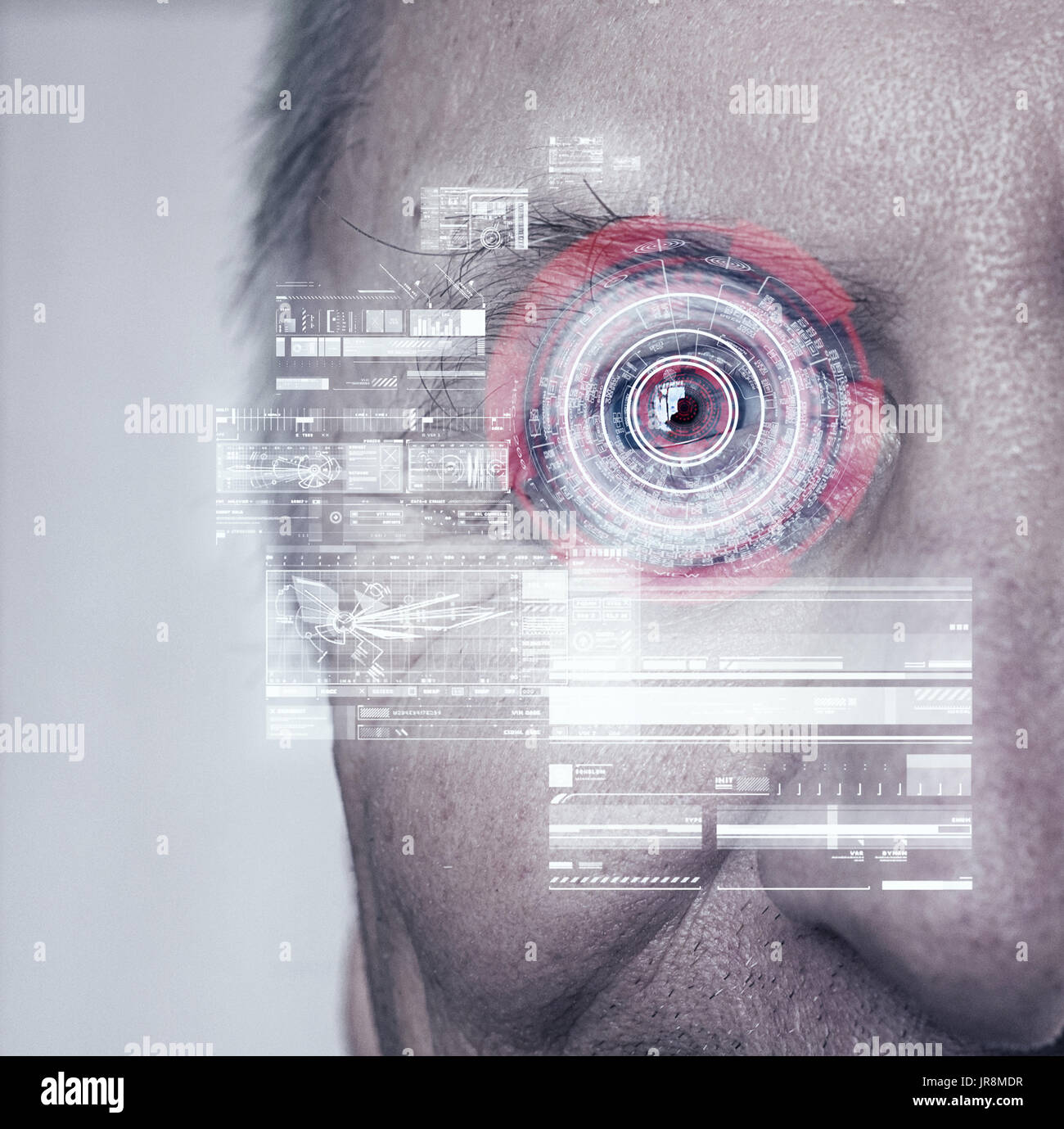 Elderly man with a blue eye using retinal enhancements display reality ...