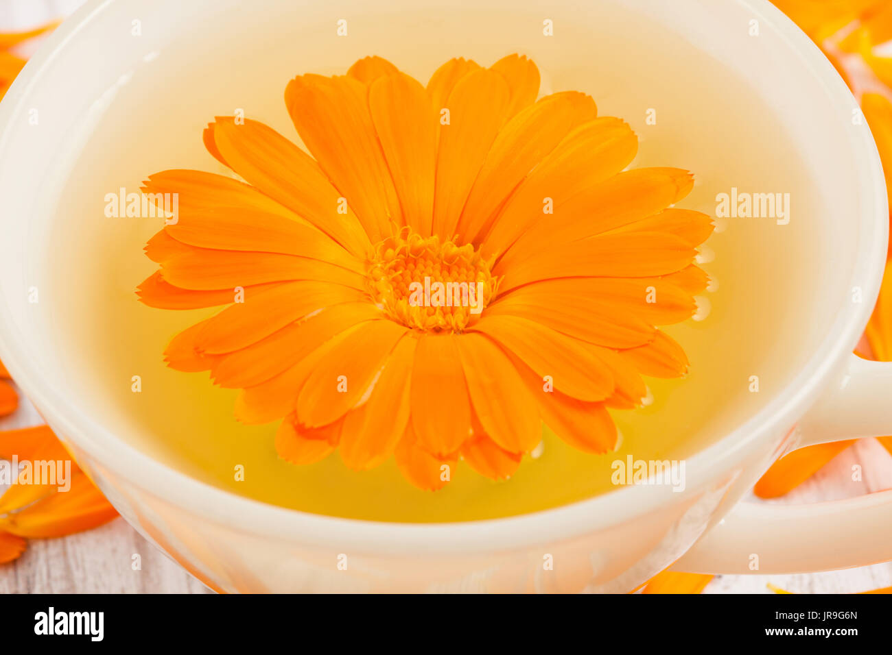 Orange pot marigold (Calendula officinalis) flower infusion Stock Photo ...