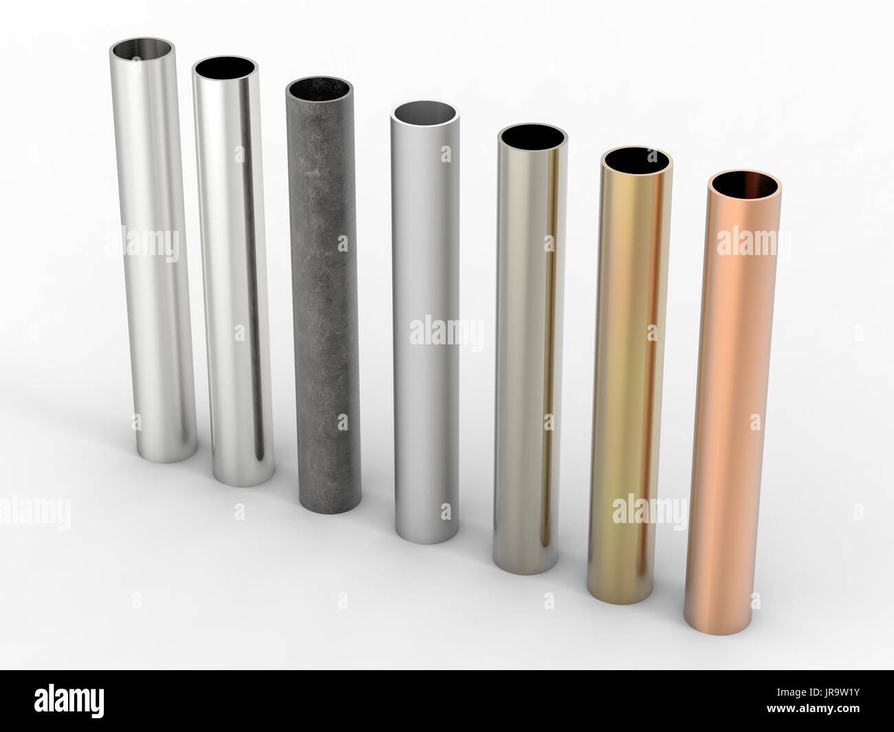 3d rendering seven shades of metal pipes on white background Stock ...