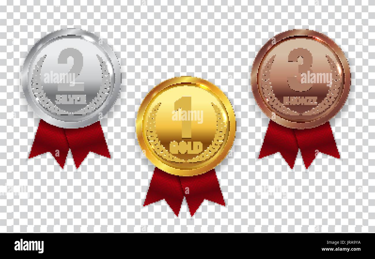Champion Gold Silver And Bronze Medal With Red Ribbon Icon Sign Stock