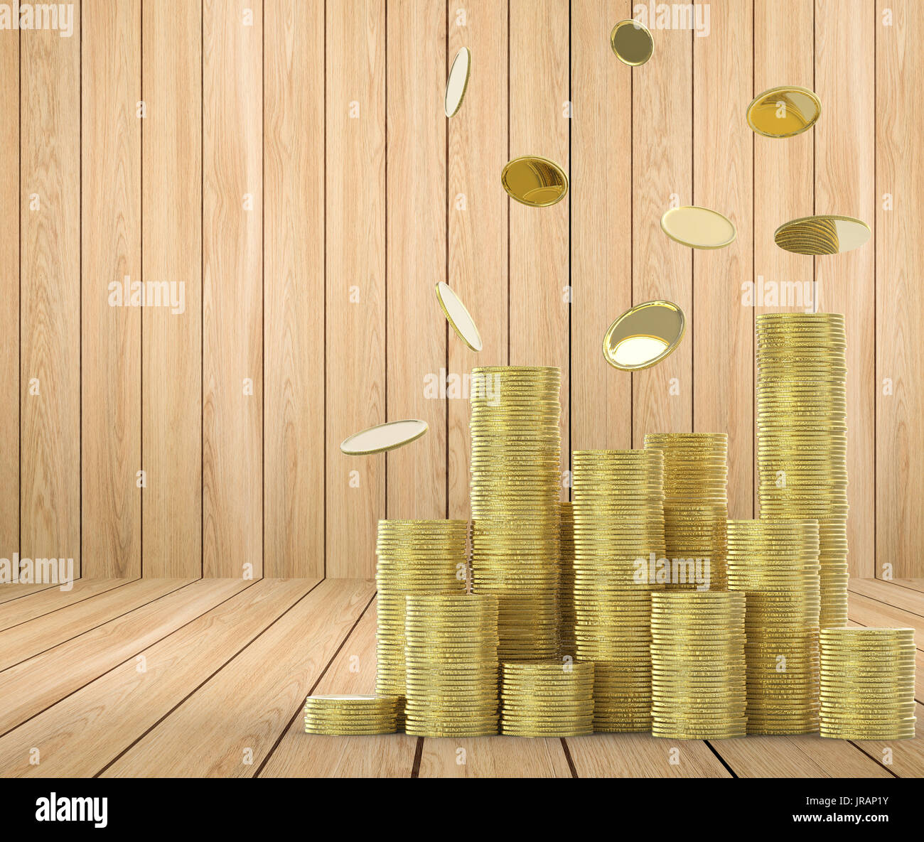 rain coins with stack of gold Stock Photo - Alamy