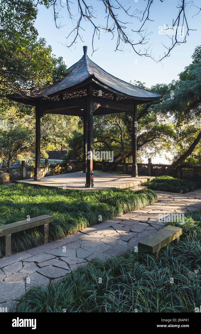 Traditional Chinese wooden gazebo on the coast of West Lake, popular ...